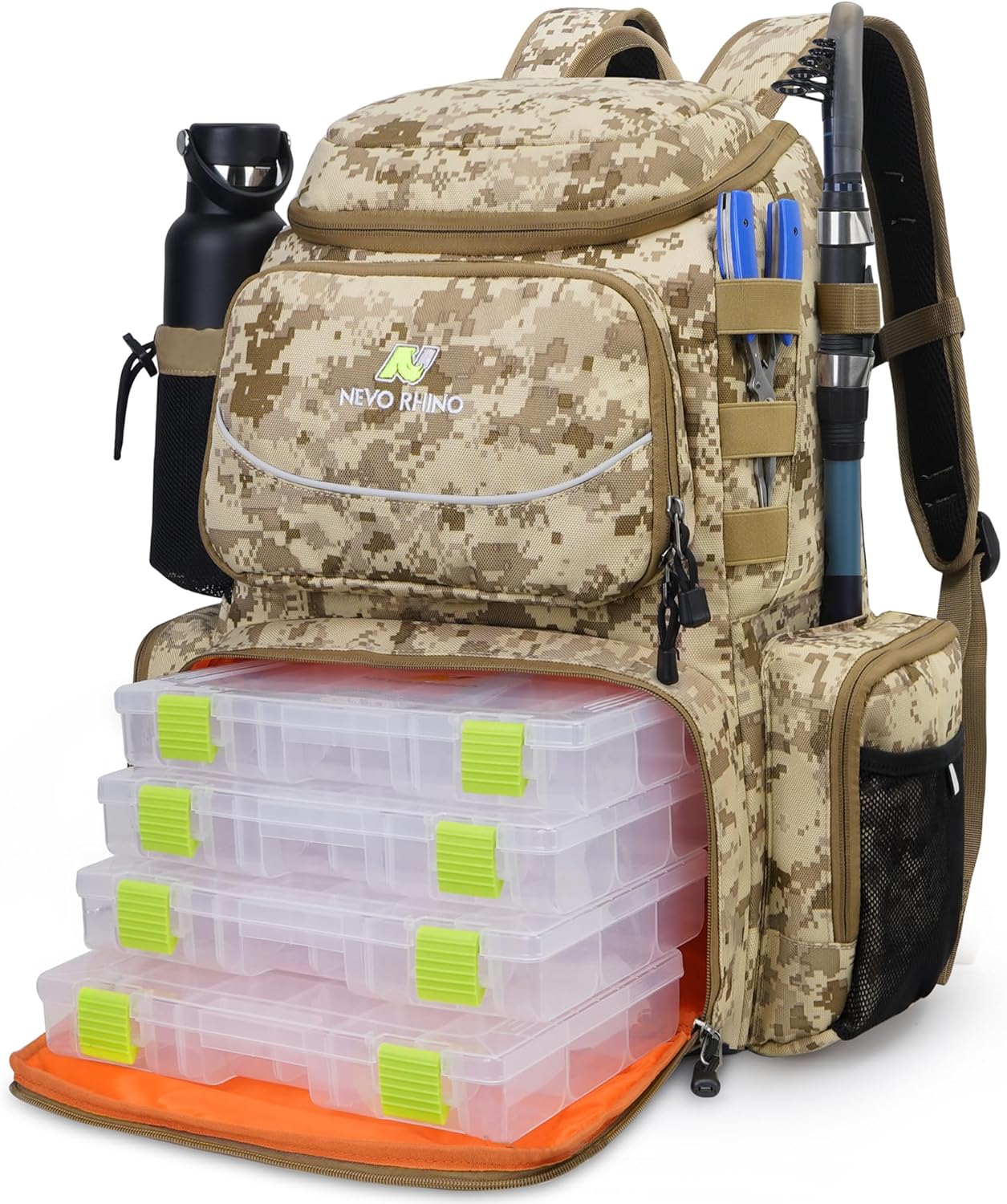 NEVO RHINO 40L Fishing Backpack with 4 Tackle Boxes – Water-Resistant ...
